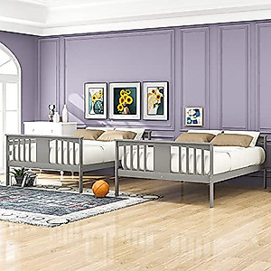 Dividable Full Over Full Bunk Bed with Ladder for Kids, Teens, Adults, No Box Spring Required Solid Wooden Bedframe w/Full-Length Guardrail, Bedroom, Guest Room Furniture, Gray