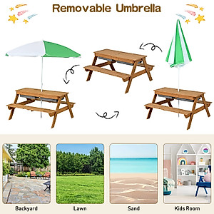 Costzon Kids Picnic Table, 3 in 1 Sand & Water Table w/Height Adjustable Umbrella, Removable Tabletop, Children Outdoor Toy Playset w/2 Play Boxes, Wooden Convertible Activity Play Table
