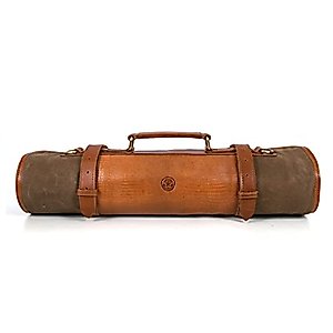 Leather Canvas Knife Roll Storage Bag Expandable 10 Pockets Detachable Shoulder Strap Travel-Friendly Chef Knife Case Roll By Aaron Leather Goods (OVIEDO, Canvas Leather)