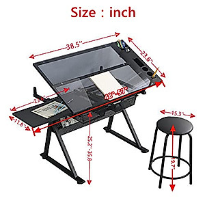 Gynsseh Glass Drafting Table Drawing Table with Stool and Storage, Height Adjustable Art Table for Adults/Artists, Tiltable Tabletop Art Desk Painting Table for Reading Writing Drawing
