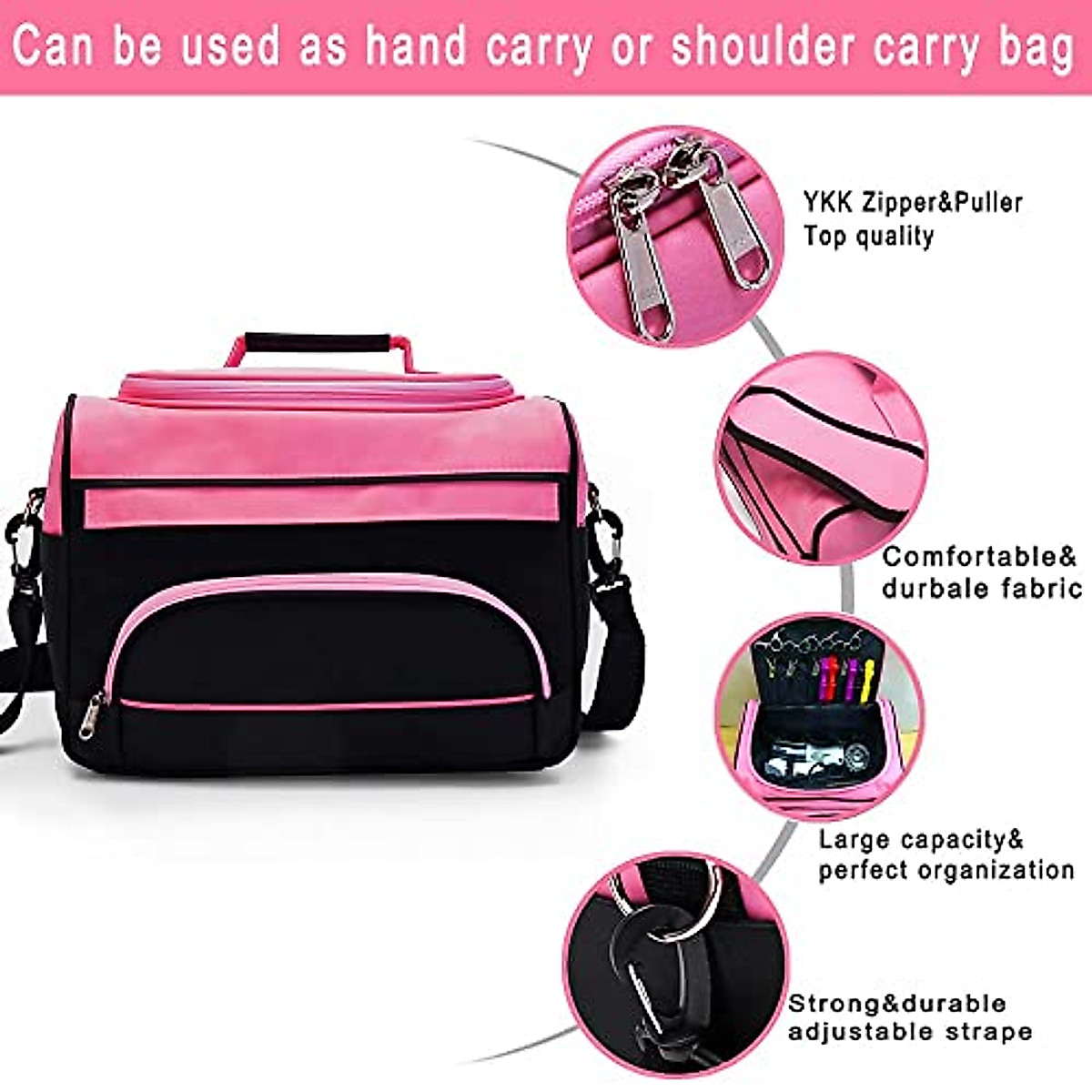 MAXPAND Small Hairdressing Tool Bag Hairdresser Bag with Shoulder Strap Cosmetics Beauty Hairstylist Bag Hair Makeup Salon Organizer Bag with YKK Zipper (PINK), 13.8" x 8.7" x 9.5"