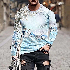 Lcxifdre Christmas Sweatshirt for Men Graphic Xmas Printing Long Sleeve Tee Shirt Crewneck Comfort Pullovers Vacation Clothes Light Blue