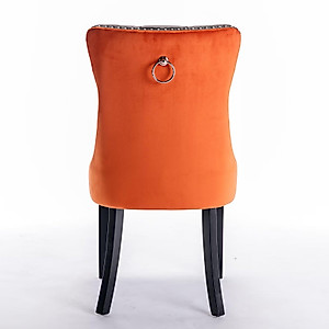 PU Leather Dining Chairs Set of 2, Upholstered Tufted Dining Room Chairs with Nailhead Trim, Ring Pull and Solid Wood Legs, Luxury Wingback Dining Chairs for Living Room Kitchen, Black+Orange