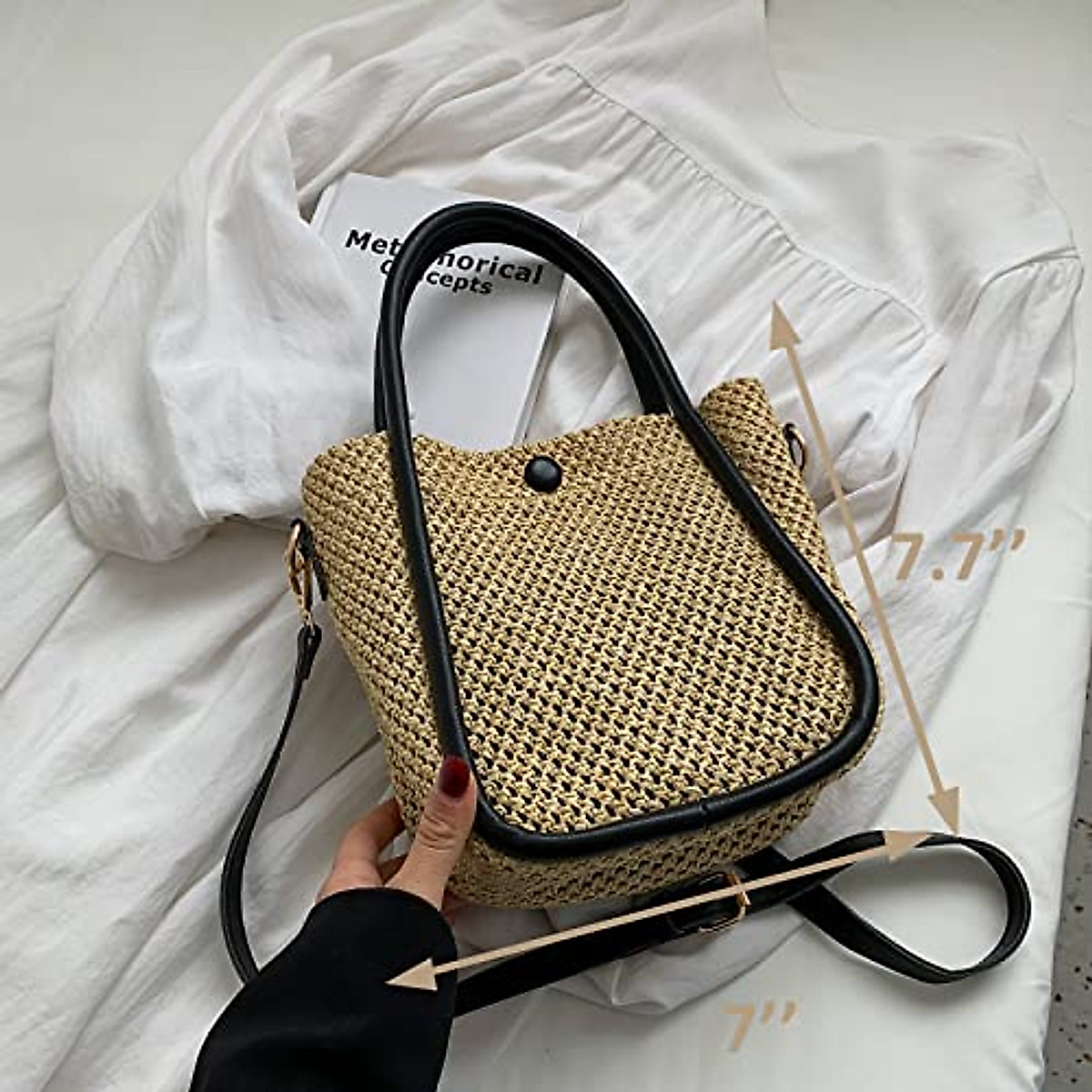 QTKJ Summer Beach bag, Handwoven Straw bag, Beach Tote Leather Shoulder Strap with Removable Storage Bag, Woven Bag for Women Handbag Shoulder Bag (Black)