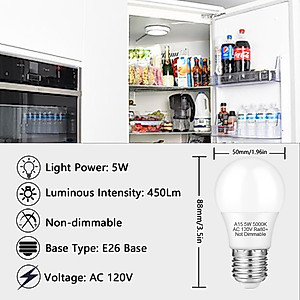 NETEHA 2 Pack A15 5W 120V E26 Base LED Refrigerator Light Bulb, Non-Dimmable 50W Equivalent 5000K Daylight White LED Appliance Light Bulb for Ceiling Fan and Lighting Fixtures