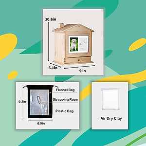 MonJolly Pet Urn, Wood Cremation Box with Photo Frame and Pawprint Clay for Personalized Urns. Memorial Keepsake for Ashes of Dogs, Cats, Small Animals. Bag for Ashes Included. Pet Memorial Gift.