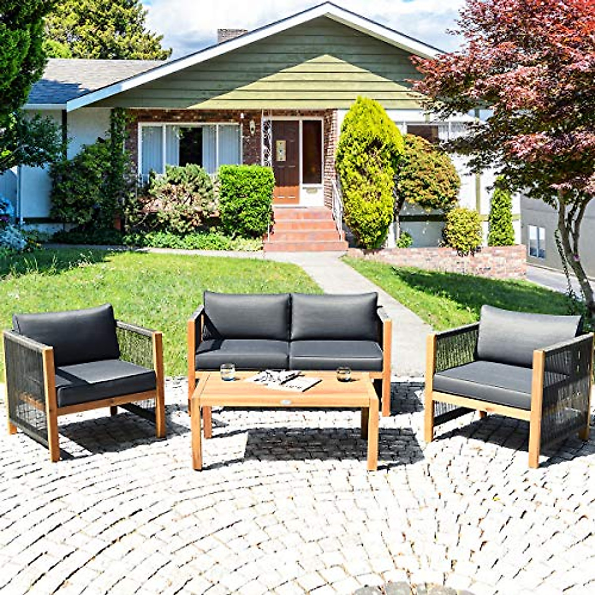Tangkula Outdoor Wood Furniture Set, Acacia Wood Frame Loveseat Sofa, 2 Single Chairs and Coffee Table, 4 Pieces Conversation Set with Cushions, Garden Balcony Poolside Outdoor Living Set (1, Grey)
