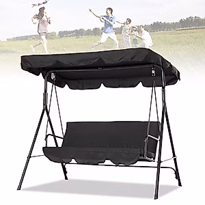 Mokylor Patio Swing Chair Canopy Replacement, 55 x 47 in Garden Waterproof Swing Sunshade Cover Canopy Shade Cloth with Silver Coated Swing Chair Top Cover for Garden Patio Porch Seat (Black)