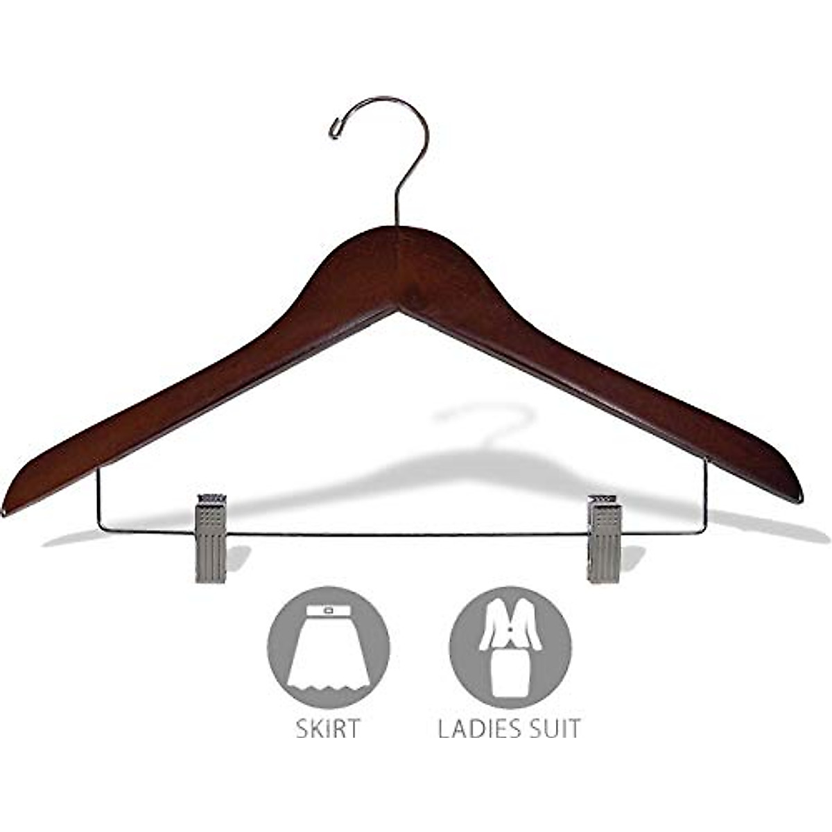 Petite Walnut Wooden Combo Skirt Hanger with Clips in 15" Length X 7/16" Thick & Chrome Hardware, Box of 50