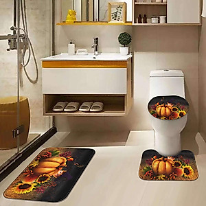 ArtSocket Witch Pumpkin Bathroom Sets with Shower Curtain and Rugs and Accessories, Fall Sunflower Leaf Autumn Orange Black Shower Curtain Sets, Thanksgiving Shower Curtains for Bathroom Decor 4 Pcs