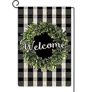 Baccessor Boxwood Wreath Welcome Garden Flag Double Sided, Buffalo Plaid Check Spring Fall Yard Flag Burlap, Small Farmhouse Rustic Flags for Outdoor Outside Decoration 12 x 18 Inch