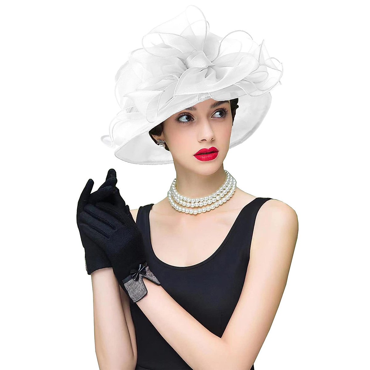 ORIDOOR Women's Organza Cloche Bowler Hat Derby Fascinator for Tea Party Bridal Wedding Hat 011C1-White