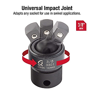 Sunex 3301, 3/8 Inch Drive, Universal Impact Joint, Cr-Mo Alloy Steel, Cr-Mo Steel, Radius Corner Design, Flexible, Meets ANSI Standards,Black
