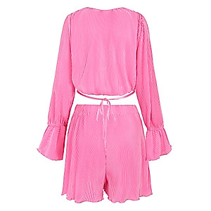 ZAFUL Women 2 Piece Pants Set Long Sleeve Plisse Wrap Crop Top Criss Cross Tie Shirt High Waist Pants Outfits Streetwear Pink