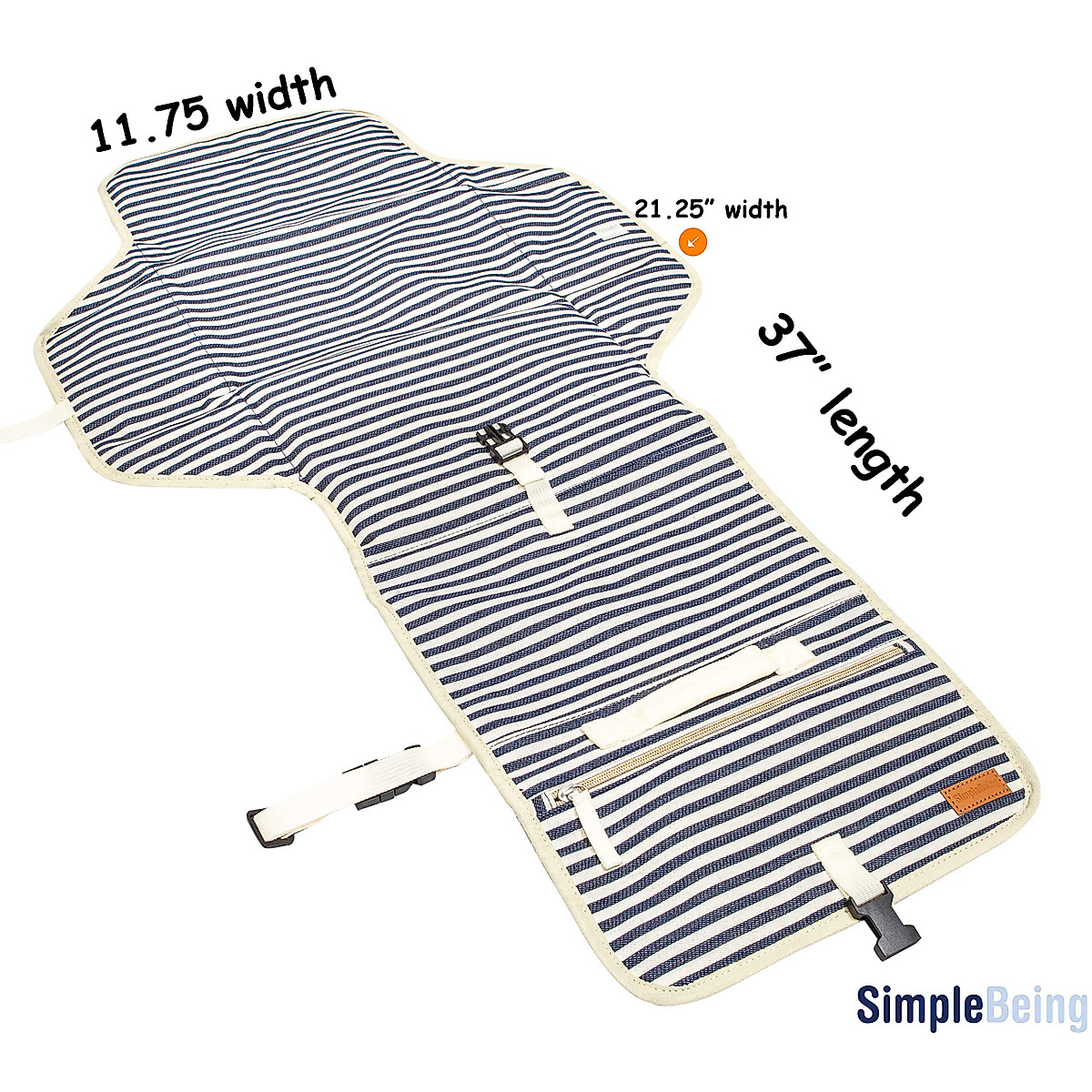 Simple Being Portable Changing Pad, Travel Diaper Canvas Clutch Mat, Diaper Bag Essential with Storage Pockets for Wipes and a Supportive Foam Head Pillow Padding (Navy Stripe)