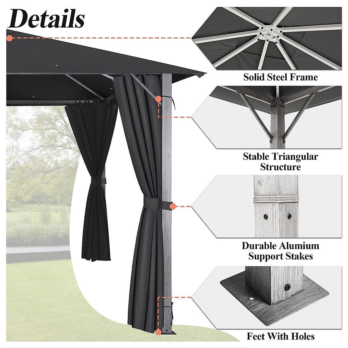 Raysfung 10' x 10' Gazebo Aluminum Frame Outdoor Gazebo with Curtain Canopy Shelter with Sidewalls, Vented Roof for Garden, Patio, Backyard (Grey)