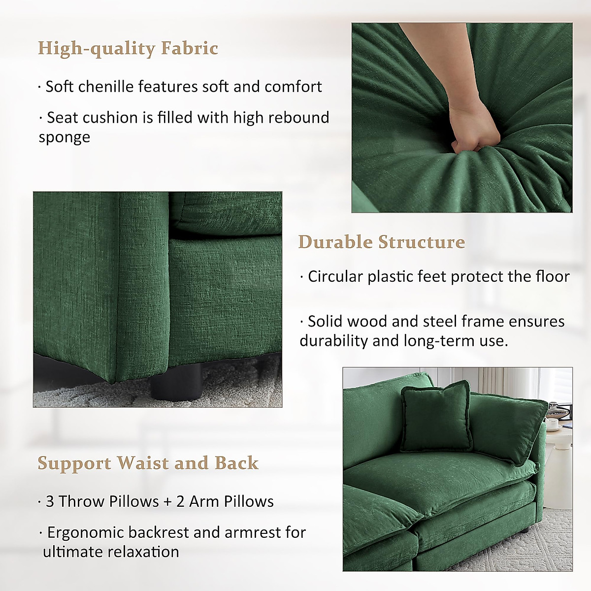 111.5" Oversized 3-Seater Soft Chenille Sofa, Modular Sectional Sofa Cloud Couch for Living Room, Modern Deep Seat 3 Seat Large Couches (Green, 3 Seat)