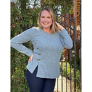 SAMPEEL Blue Tunic Sweaters for Women Fall Long Sleeve Tunic Tops for Women Buttons Side S