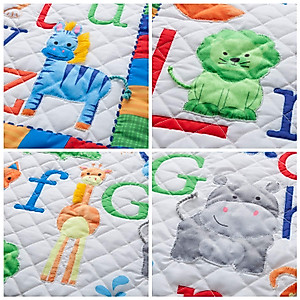 Personalized Planet Primary Color Boy's ABC Quilt with Custom Name Embroidered in Blue Thread on Rectangular Blanket with Alphabet Letters and Cartoon Animals, 31x40