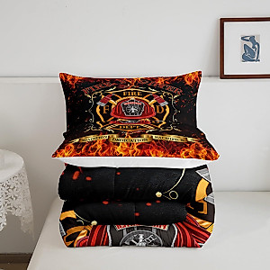 Firefighter Theme Children Comforter Set,Burning Flame Bedding Set for Kids Boys,Adults Soft Fireman Sign Comforter,Teens Red and Black Quilted Duvet Set Bedroom Collection King Size 3Pcs