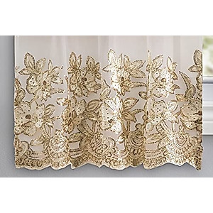 American Linen 3 Piece Embroidered Window Curtain Set, Valance and Tiers, with Embroidery Kitchen, Living Room or Bathroom Curtains, Valances (Gold)