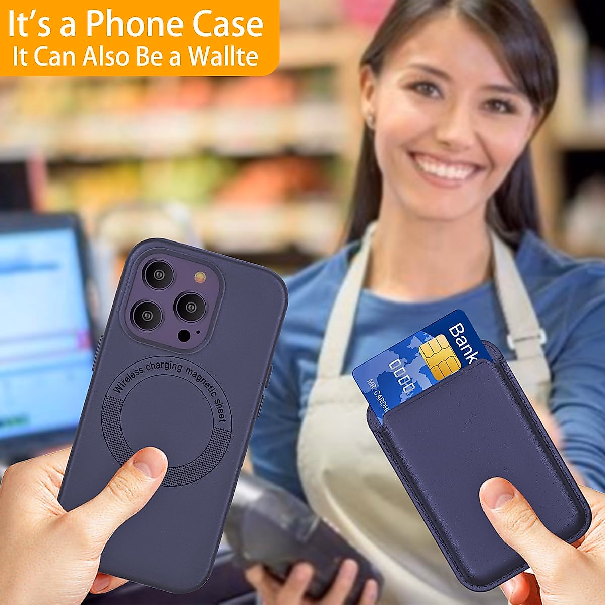 THMEIRA Compatible with iPhone 14 Pro Max Leather Case [ Compatible with MagSafe ] with Magnetic Wallet Card Holder [ PU Leather ] [ Slim Fit ] with Tempered Glass Screen Protector - Ink