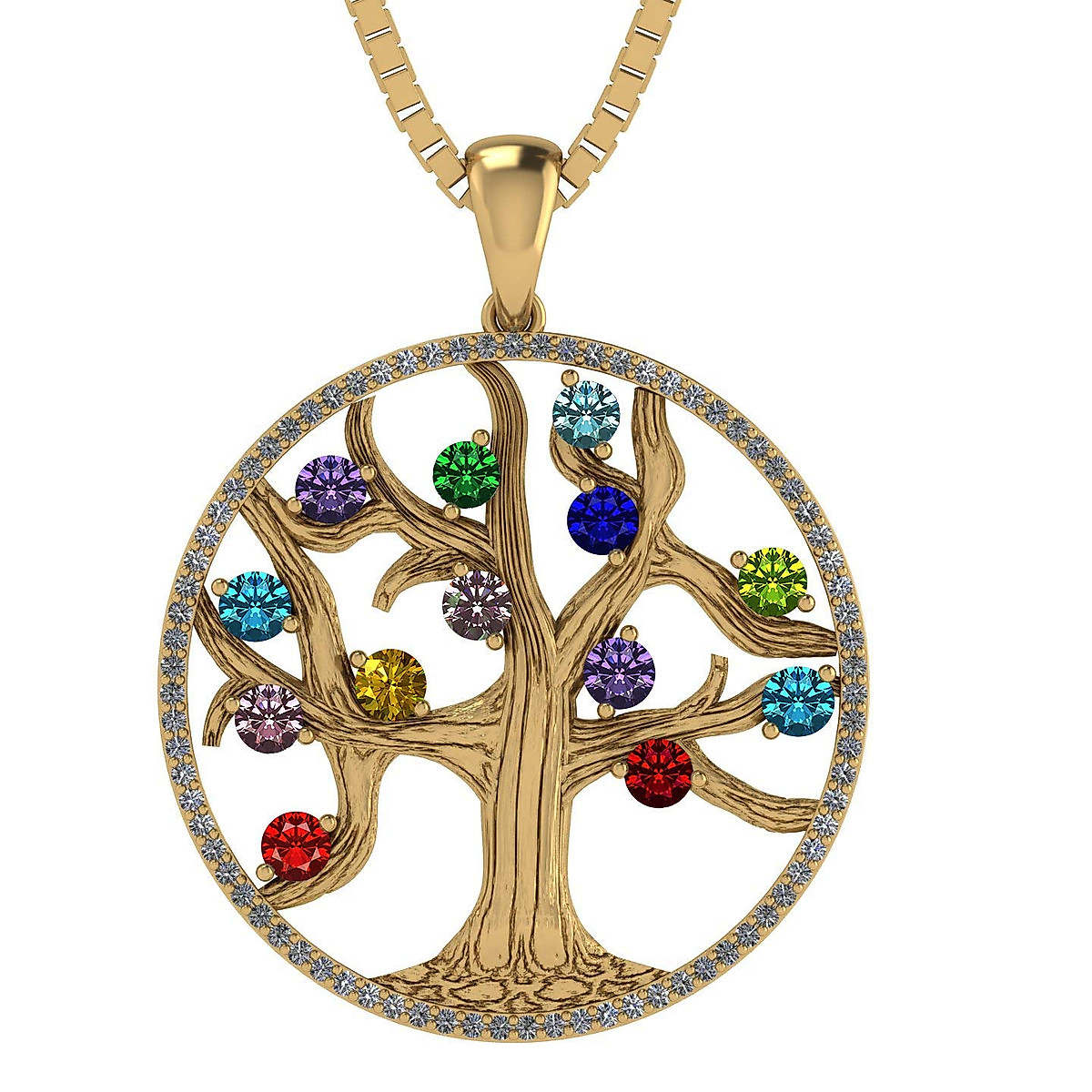 Central Diamond Center Tree of Life Mothers Necklace with 1-13 Birthstones, 1mm Box Chain - Yellow Gold Plated Silver CZ BEZEL