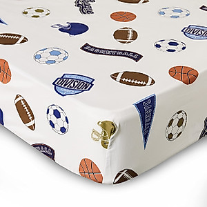 Levtex Baby - Little Sport Toddler Bed Set - Navy, Blue, Taupe, Orange - 5 Piece Set Includes Reversible Quilt 42"x57", Fitted Sheet 28"x52", Flat Sheet 45" x60in, Pillow Case 20"x26", Pillow 10"x12"