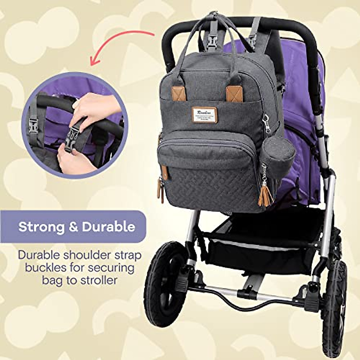 Diaper Bag Backpack, RUVALINO Neutral All-in-One Baby Bags for Boy Girl, Multifunction Large Travel Backpack with Portable Changing Pad, Stroller Straps, Pacifier Case and Insulated Pockets, Dark Gray
