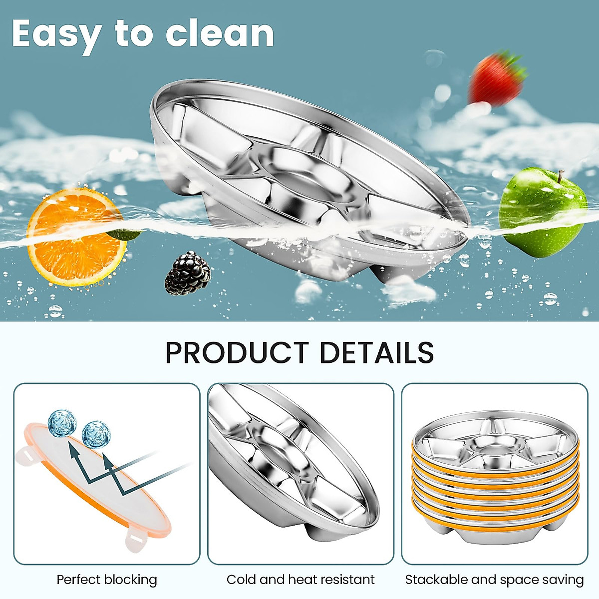 YENXIKU Divided Serving Tray with Lid, Stainless Steel Veggie Tray with Plastic Lid, Reusable Vegetable Platter, Snack Tray, Snackle Box for Party, Easy to Clean (6 Compartments, 60oz)