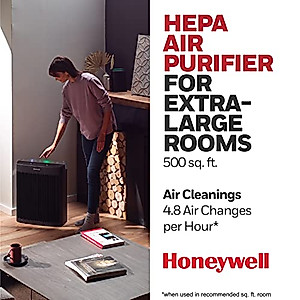 Honeywell HPA5300 InSight HEPA Air Purifier with Air Quality Indicator and Auto Mode, Allergen Reducer for Extra-Large Rooms (500 sq ft), Black - Wildfire/Smoke, Pollen, Pet Dander & Dust Air Purifier
