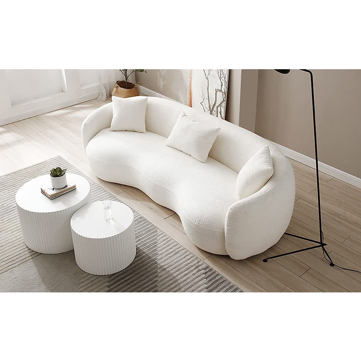 kevinplus White Round Nesting Coffee Table Set of 2 Modern Drum Side Table End Table for Living Room, Wood Circle Embossed Design Coffee Table Contemporary Living Room Table Set, Matte White