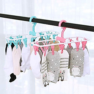 Amlrt 2 Packs Travel Foldable Portable Hanging Drying Rack， Laundry Drying Space Saving Travel Rotatable Plastic 12 Clips (Rose and Blue)