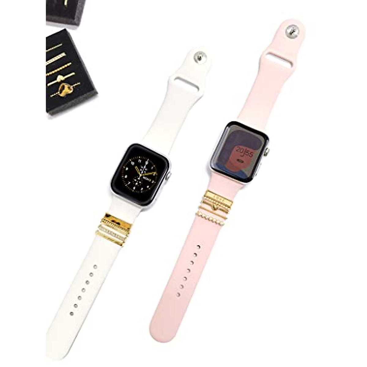 5Pcs Charms for Apple Watch band 41mm 45mm 40mm 44mm 38mm 42mm Women,Diamond+Metal Jewelry Decorative Ring Loops For iWatch series 8 7 6 5 4 3 2 se,Galaxy watch 5/4,Silicone strap Charm Accessories