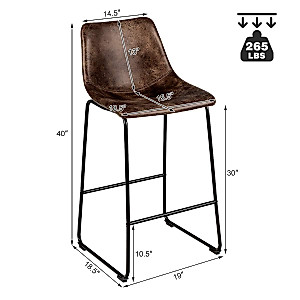 COSTWAY Set of 2 Bar Stools, Vintage Faux Suede Bar Stools, with Metal Legs, Back and Footrest, Upholstered Stools for Home Kitchen, Pub (Brown, 4)