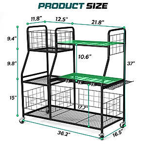 Rengue Garden Tool Organizer, 3 Tier Utility Yard Tool Organizer with Wheels, Large Garden Tool Storage Rack with Extra Storage Basket for Shed/Garage/Garden/Yard/Lawn