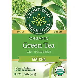 Traditional Medicinals Tea, Organic Green Tea Matcha, Genmaicha, Supports Health, 16 Tea Bags (6 Pack)