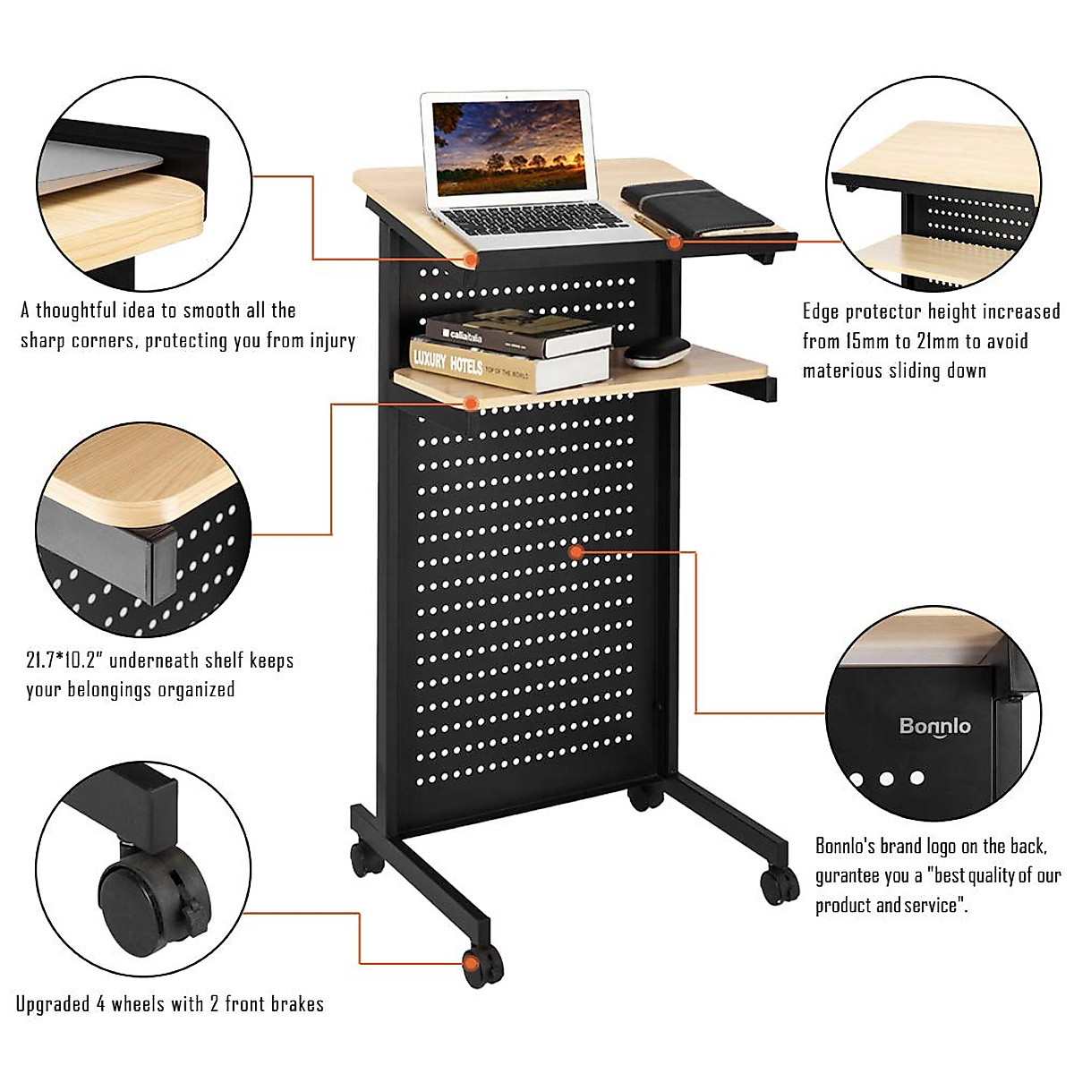 Bonnlo Mobile Wheeled Lectern Standing Podium, Portable Lecture Speech Teach Platform for Classroom Church or Ceremony, Multi-Function Reading or Laptop Desk, Table w/Tilted Top Board & Edge Stopper