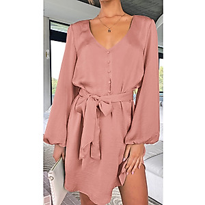 PRETTYGARDEN Women's Spring Long Puff Sleeve Satin Dress V Neck Cocktail Party Belted Short Formal Dresses (Dusty Pink,Medium)