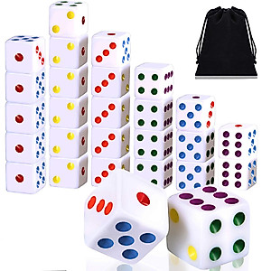 Gejoy 50 Pieces Six Sided Dices 16mm Standard Solid Dice White with Multi-Color Pips Square Corner Dices Set for Board Games and Teaching Math Farkle