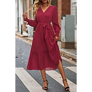 PRETTYGARDEN Women's Floral Print Boho Dress Long Sleeve Wrap V Neck Ruffle Belted A-Line Flowy Maxi Dresses (Solid Wine Red,Medium)