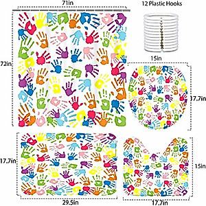 NTETSN 4 PCS Watercolor Shower Curtain, Handprint in Rainbow Color Bathroom Curtain Sets for Kids,Non-Slip Rugs, Toilet Lid Cover, Bath Mat, 12 Hooks for Curtain 72x72 Inch SETYYNT4