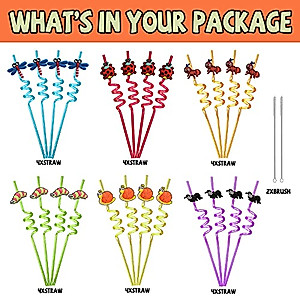 24 Bug Birthday Party Supplies Reusable Plastic Straws for Insect Themed Party Favors Decorations with 2 Cleaning Brushes
