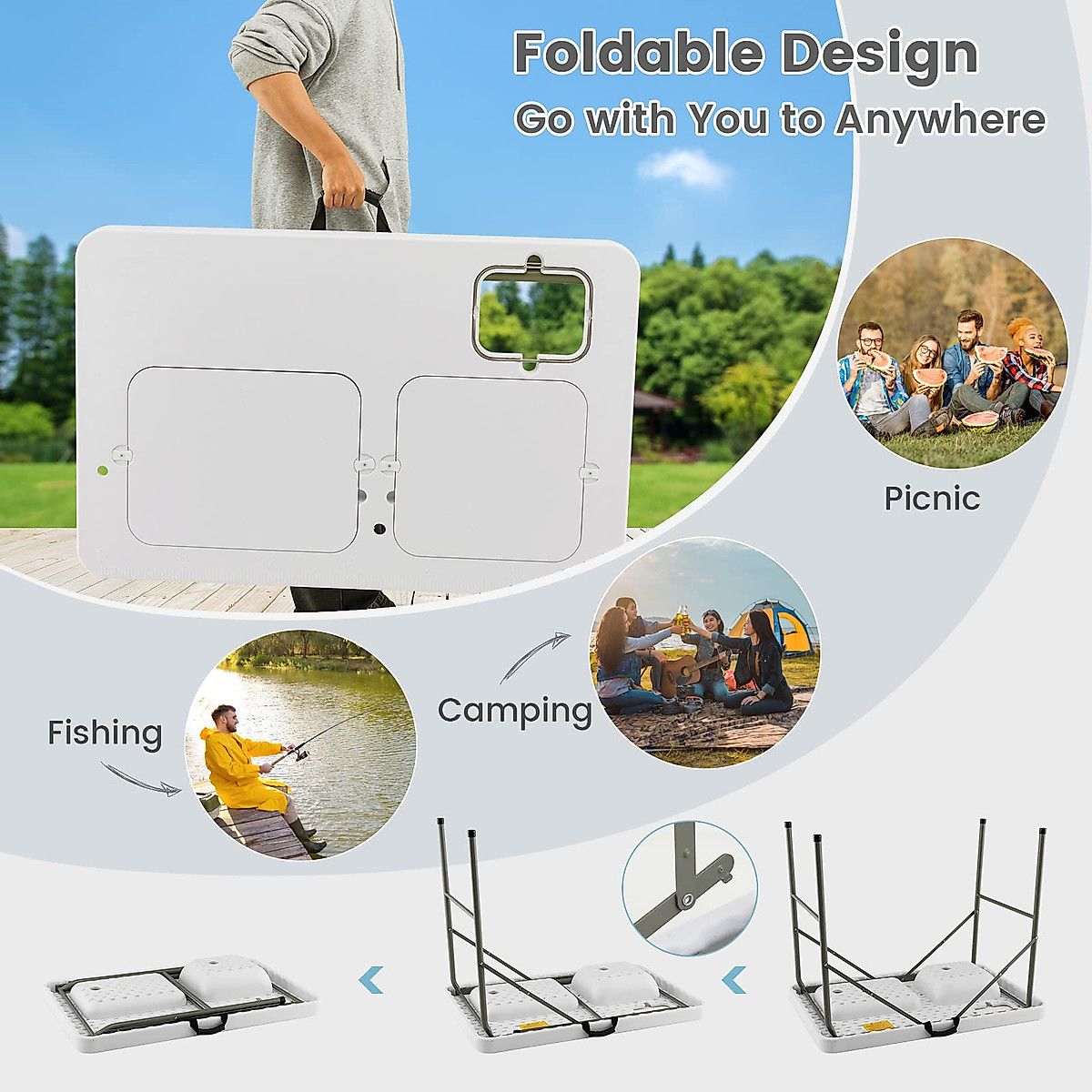 Goplus Folding Fish Cleaning Table with Dual Water Basins, Heavy Duty Fillet Table with Hose Hook Up, Sink and Faucet, Portable Outdoor Camping Sink Station for Dock Beach Patio Picnic, 40''