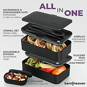 Bentoheaven Premium Bento Box Adult Lunch Box with 2 Compartments (40oz), Cutlery & Set of Chopsticks, Large Dip Container, Cute Black Japanese Bento Box, Rectangle, Microwavable (Outer Space)