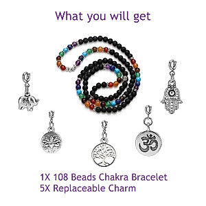 Jovivi 6mm Mala Beads 108 Lava Rock 7 Chakra Life Tree/Hamsa/OM/Lotus/Elephant Meditation Bracelet Necklace