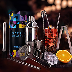 Cobbler Shaker Cocktail Mixer Set, Manhattan Drink Gift Sets for Women Men, Full Bartender Kit with Cocktails Mixing Accessories Jigger Bar Spoon Muddler Strainer Tongs Reusable Metal Straws 4 Drinks