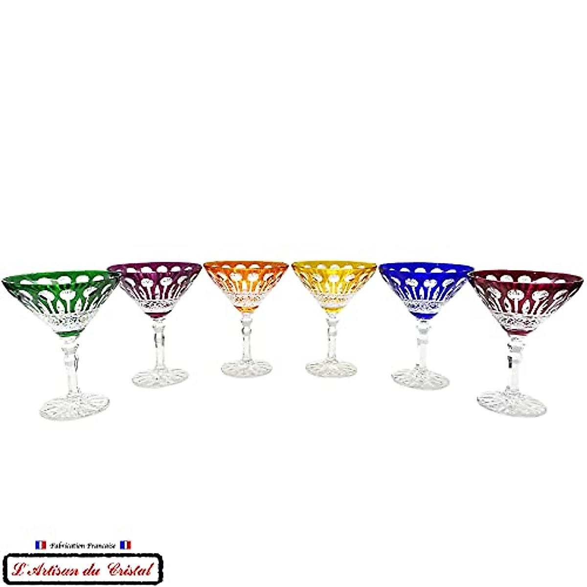 6 Champagne and Cocktails Crystal Glasses - 6 Colors Assortments - Roemer Service Diamant (17 cl) - Klein House - Company : Artisan du Cristal - Gift Set - Stamped : Klein 54120 Baccarat France