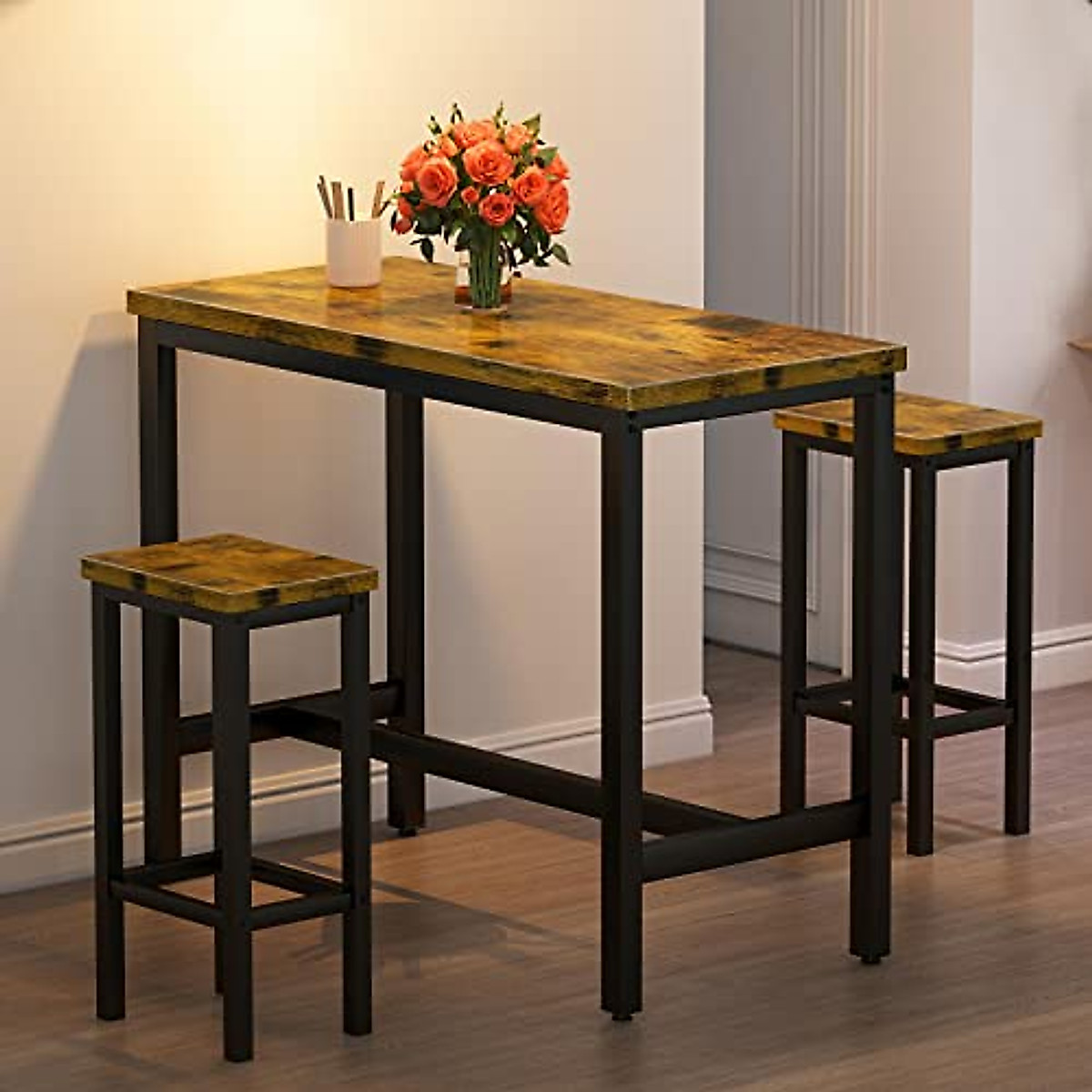 Lamerge 47.2" Bar Table Set,Pub Heigh Table with 2 Square Stools,Dining Table Set,Kitchen Counter with Bar Chairs,for Kitchen, Living Room/Sofaside,Small Space,Rustic Brown and Black