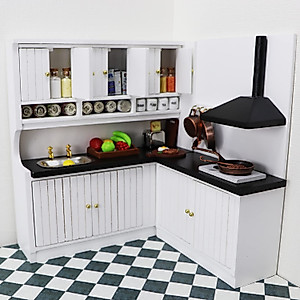 Dollhouse Kitchen Set Miniature Wooden Furniture Cabinet Dining Room Kitchen Kit 1/12 Scale Wooden Dollhouse Accessories (Style A)
